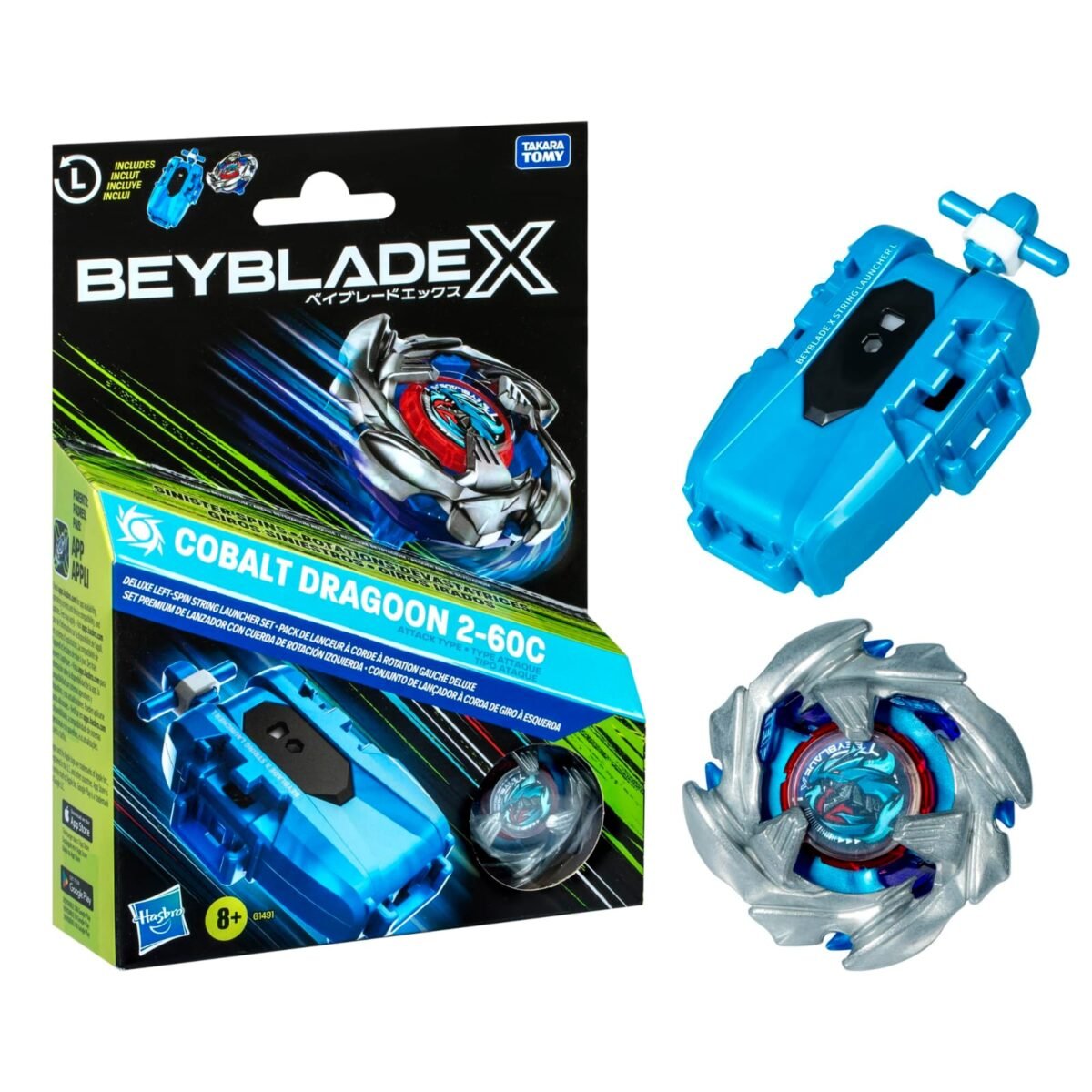Beyblade X Cobalt Dragoon 2-60C Deluxe Left-Spin String Launcher Set ...